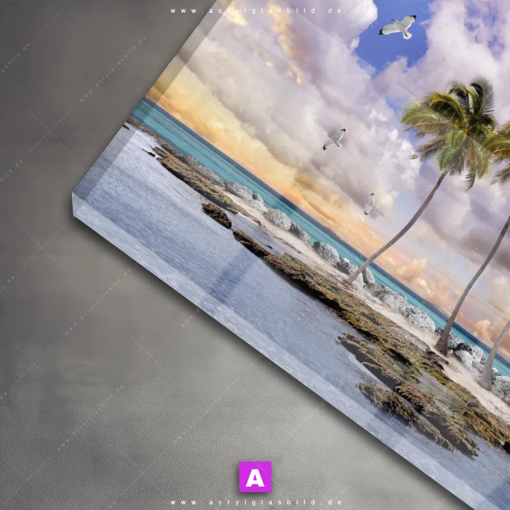 Acrylglasbild ️ Insel mit tropischen Palmen Querformat – acrylglasbild.de