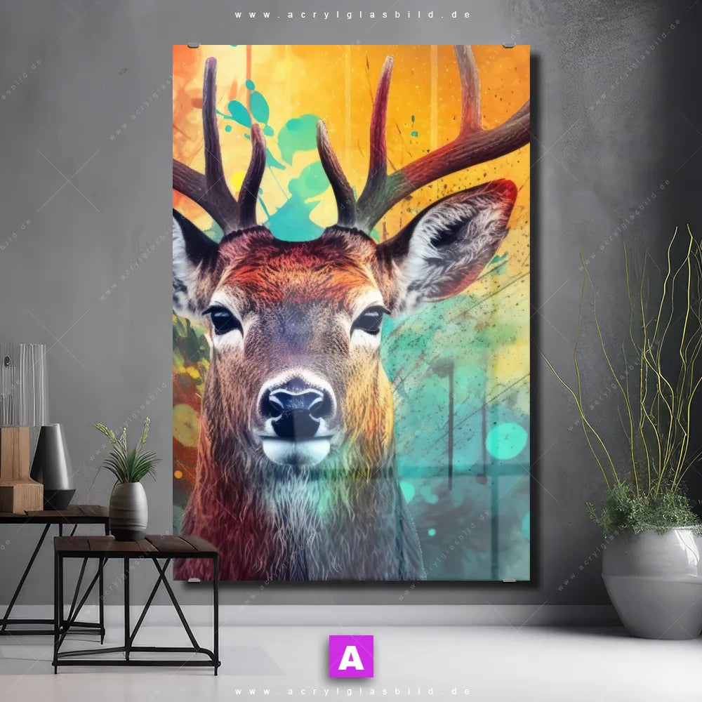 Acrylglasbild von wandbild.com - Farbenfrohes Hirschporträt ...