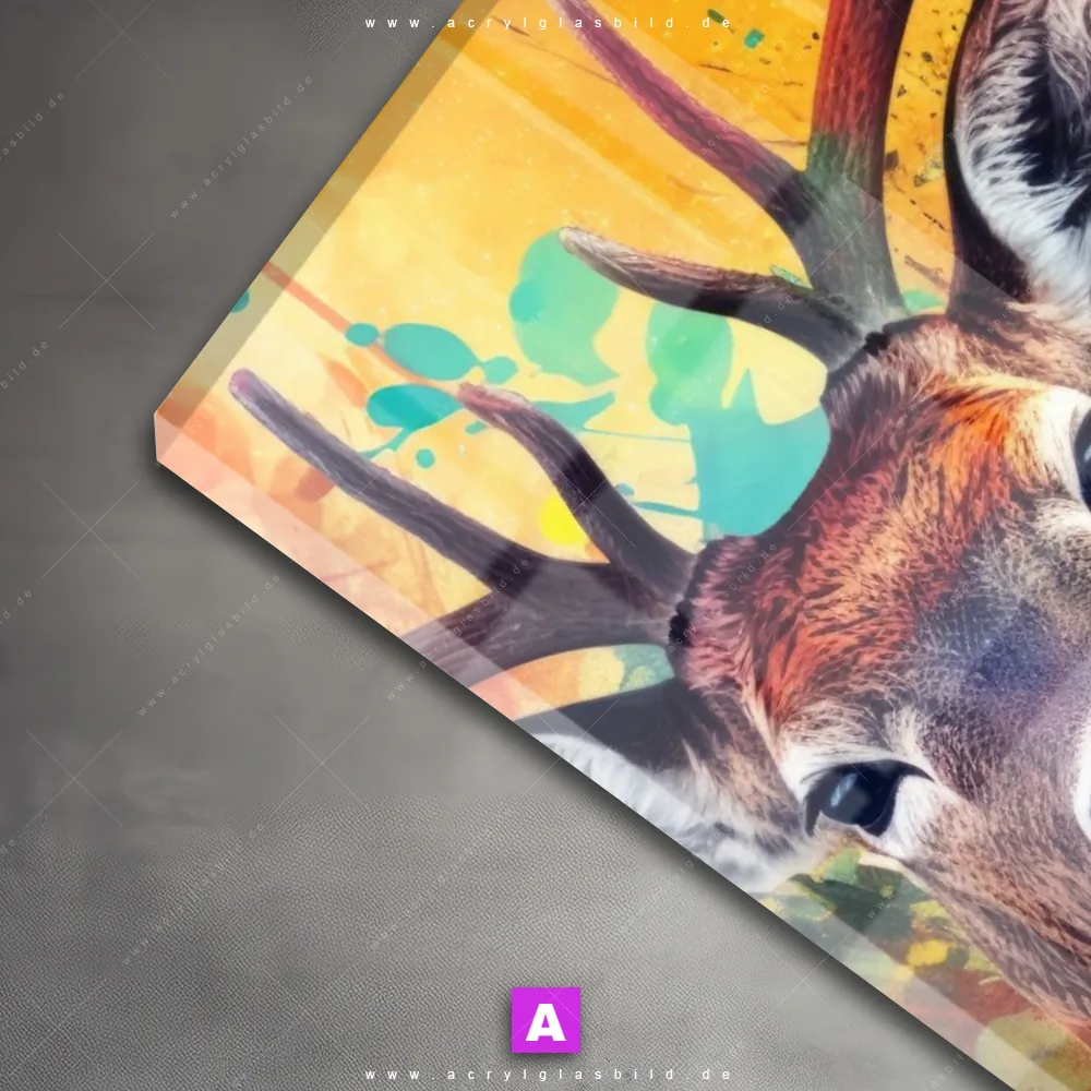 Acrylglasbild ️ Hirsch mit buntem Hintergrund Hochformat – acrylglasbild.de