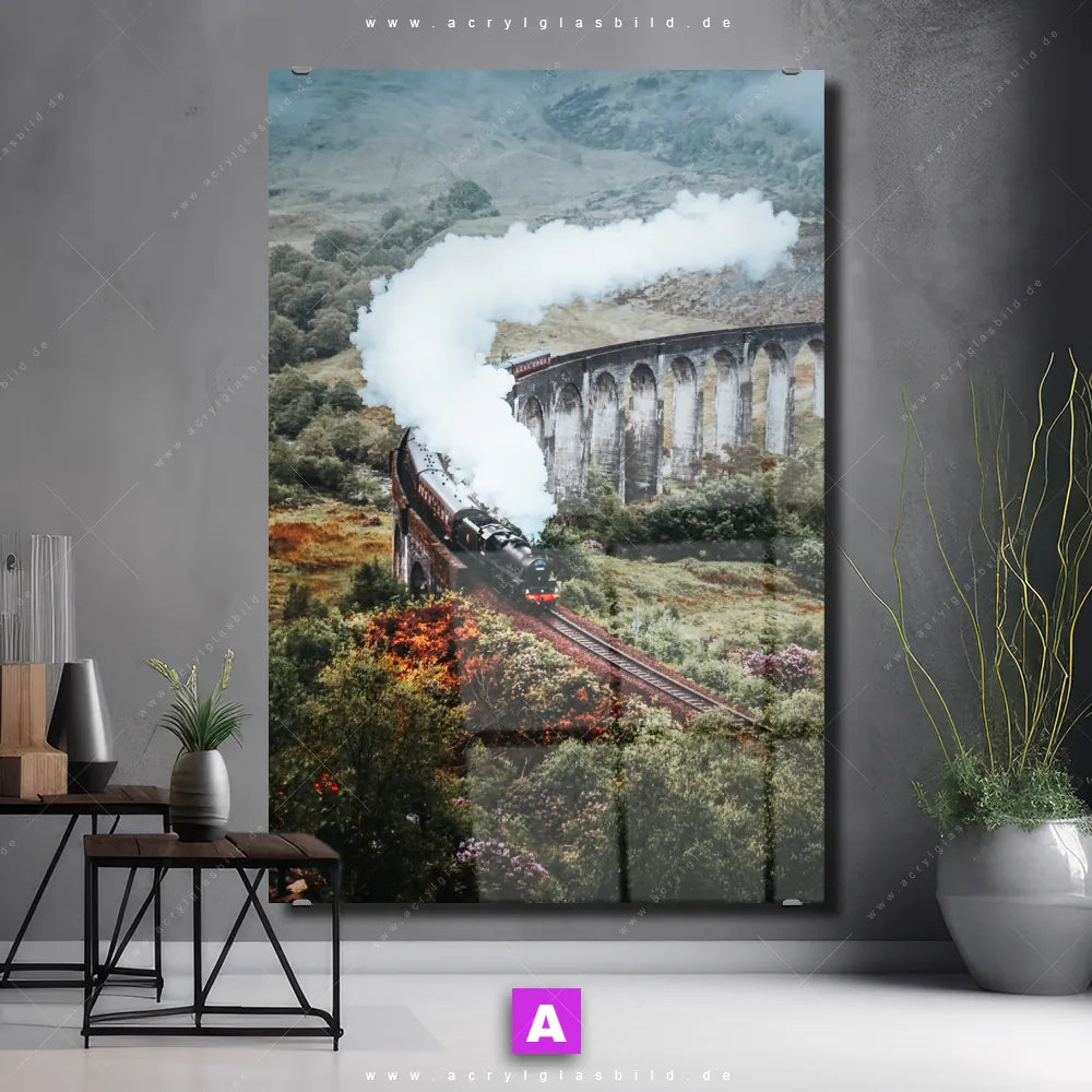 Acrylglasbild ️ Zug auf großer Brücke Hochformat – acrylglasbild.de